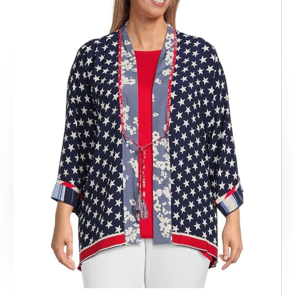 John Mark | Tops | John Mark Stars Stripe Floral Print 34 Sleeve Tassel ...